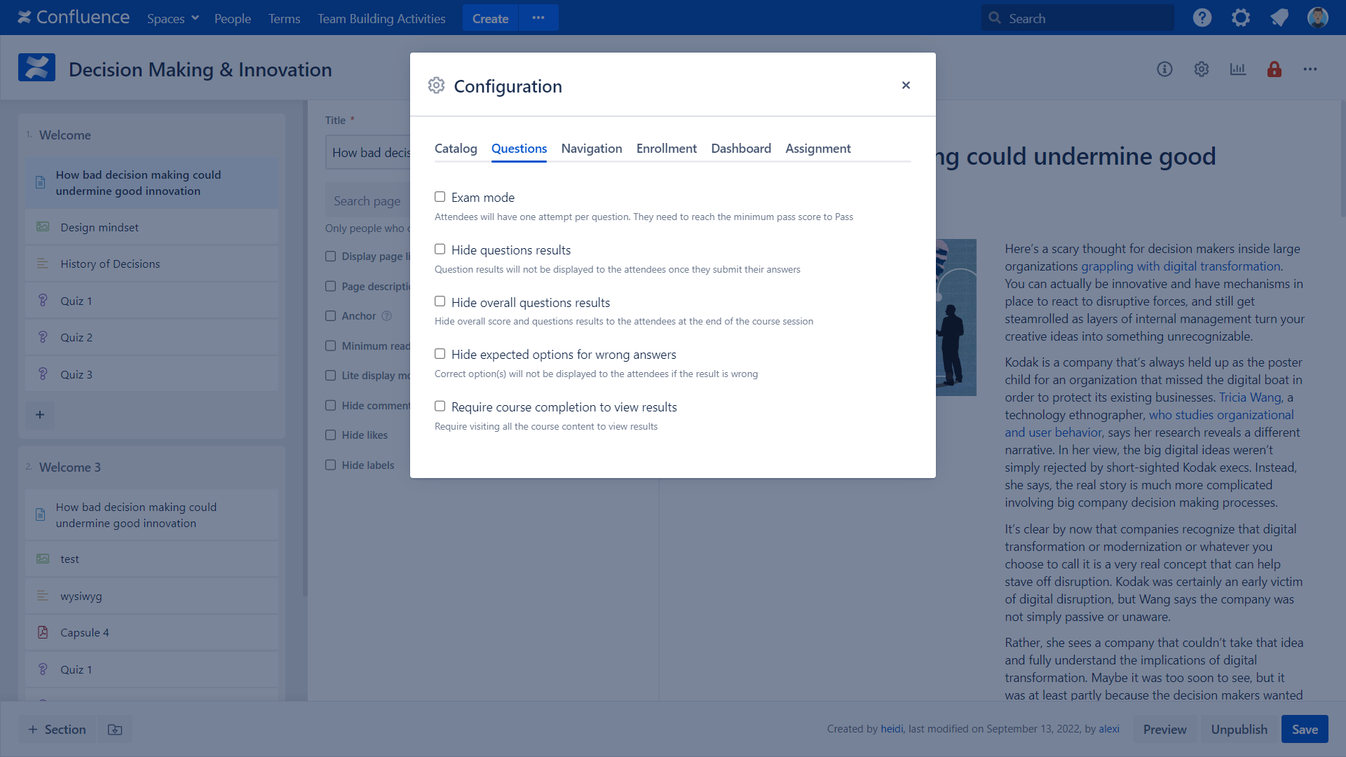 Course configuration